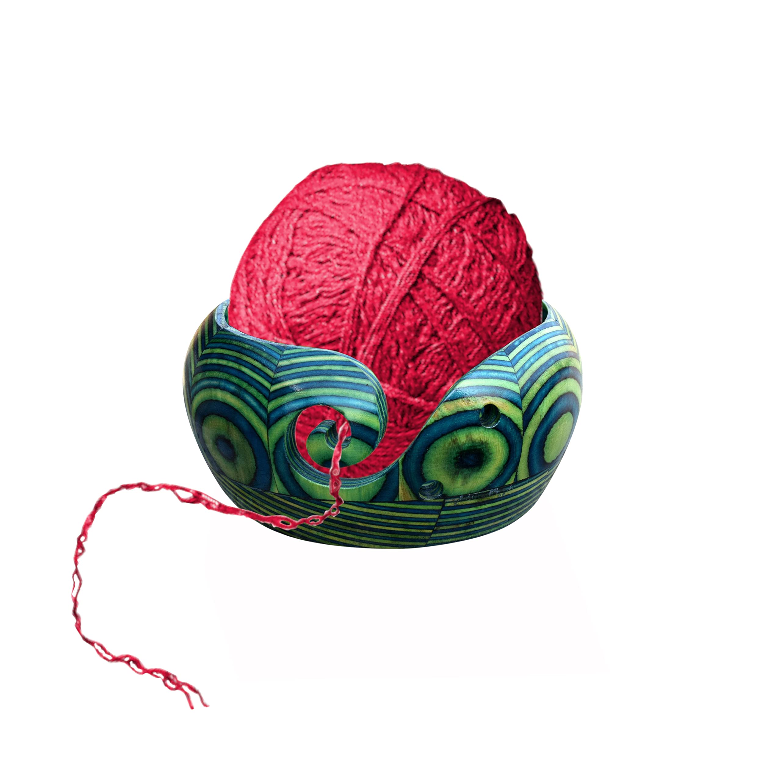Rainbow Wood Yarn Bowl (6x3inch) for Crocheting and Knitting with Project Bag | Handmade Mango Wood Craft Organizer/Holder with Holes | Yarn/Wool/String Storage Accessory| (Blue/Green)