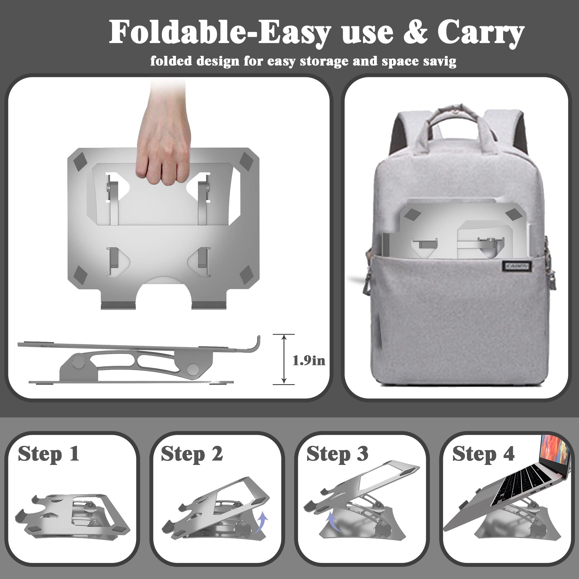 Laptop Stand, Foldable Laptop Stand, Portable Computer Stand, Travel Laptop Stand, Foldable Adjustable Ergonomic Laptop Stand Lift Desk for 10 to 17 Inch Laptops, Silver Aluminum Bracket