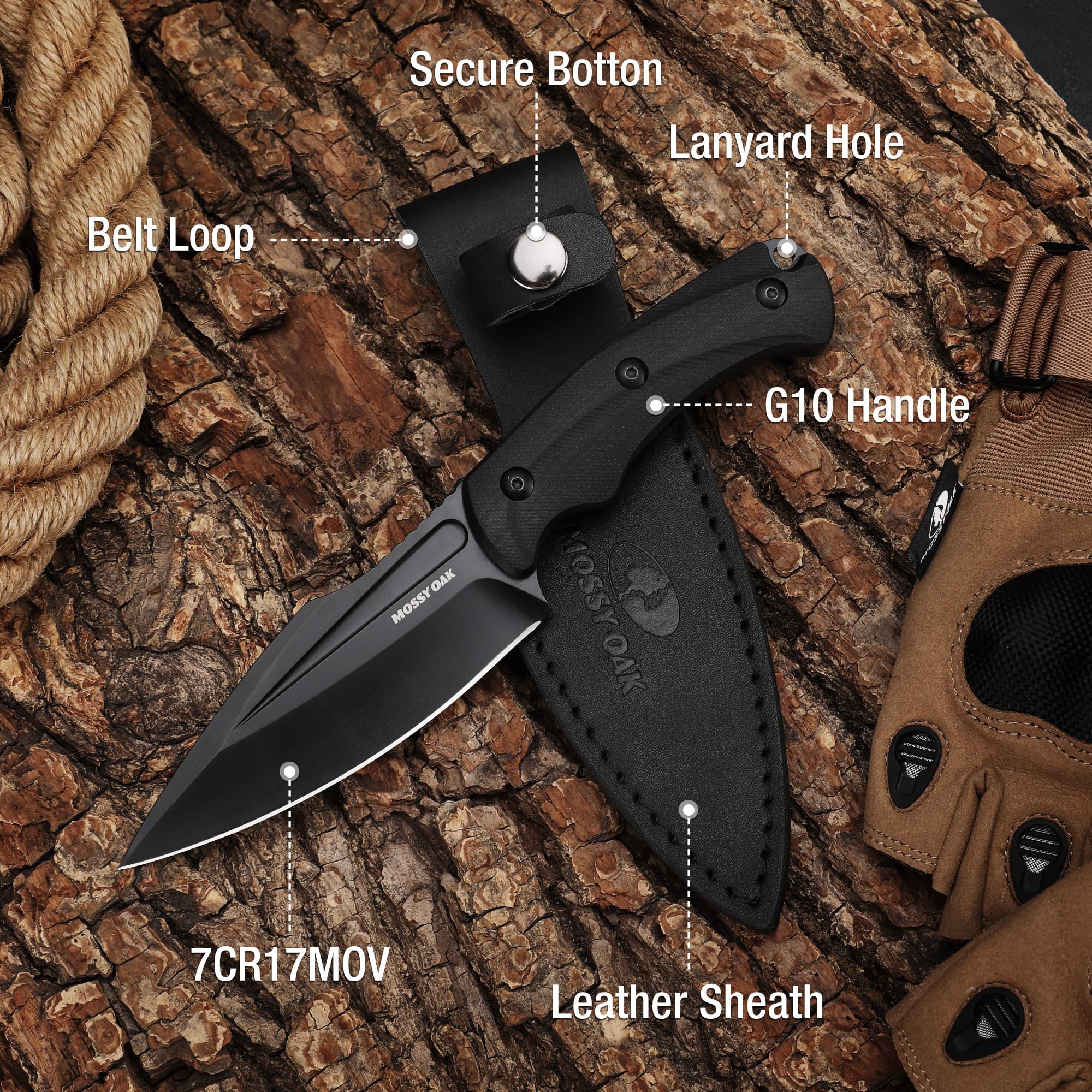 MOSSY OAK Hunting Knife with Sheath, 8.5-inch Full-tang Fixed Blade Knife, Outdoor Knives for Survival, Camping, Hiking (G10 Handle-Black)