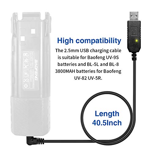 Baofeng 2.5mm USB Charger Cable with Indicator Light for BaoFeng UV-5R UV-82 BF-F8HP UV-82HP UV-5X3 UV-5RE 3800mAh Battery UV-S9/9S Two Way Radio(2 Pack)