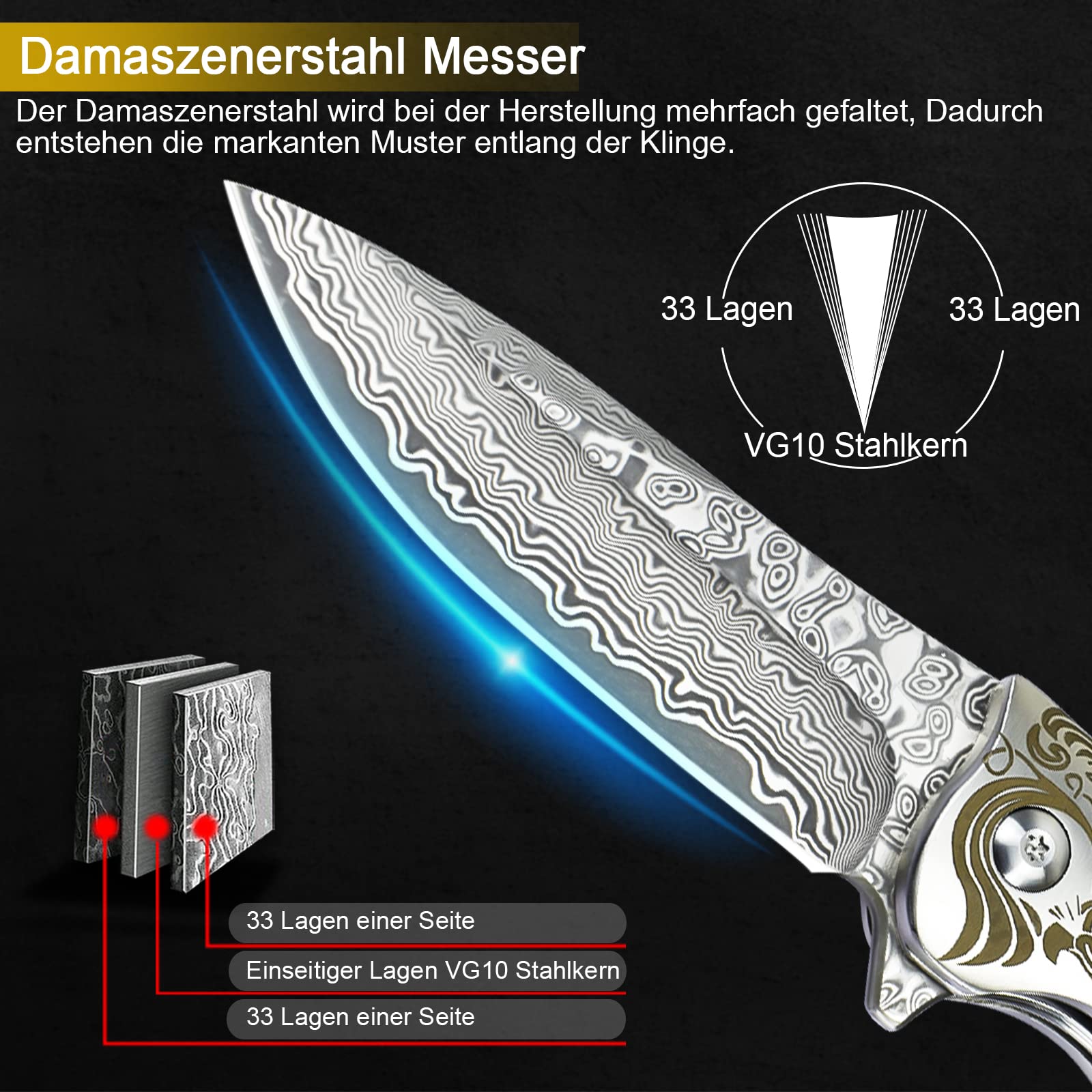 AUBEY Damascus Pocket Knife with Clip, Damascus Knife Folding Knife with VG10 Damascus Steel Blade, Wooden Handle, Foldable EDC Knife for Outdoor Survival Collection Gift