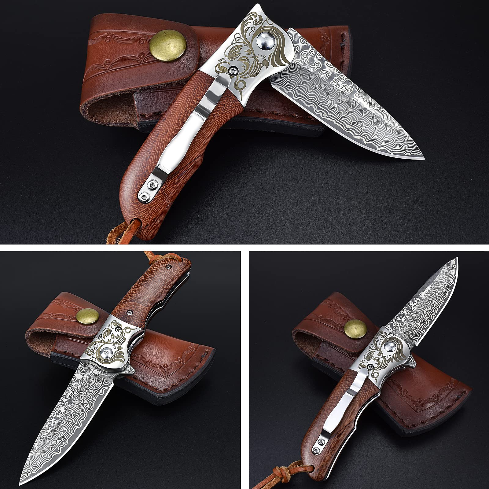 AUBEY Damascus Pocket Knife with Clip, Damascus Knife Folding Knife with VG10 Damascus Steel Blade, Wooden Handle, Foldable EDC Knife for Outdoor Survival Collection Gift