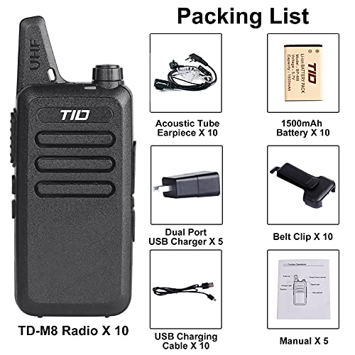 TIDRADIO TD-M8 2 Way Radio Walkie Talkies Rechargeable VOX License-Free Two Way Radio with Earpiece Walkie Talkies for Adults School Church Restaurant Business Office (10 Pack)