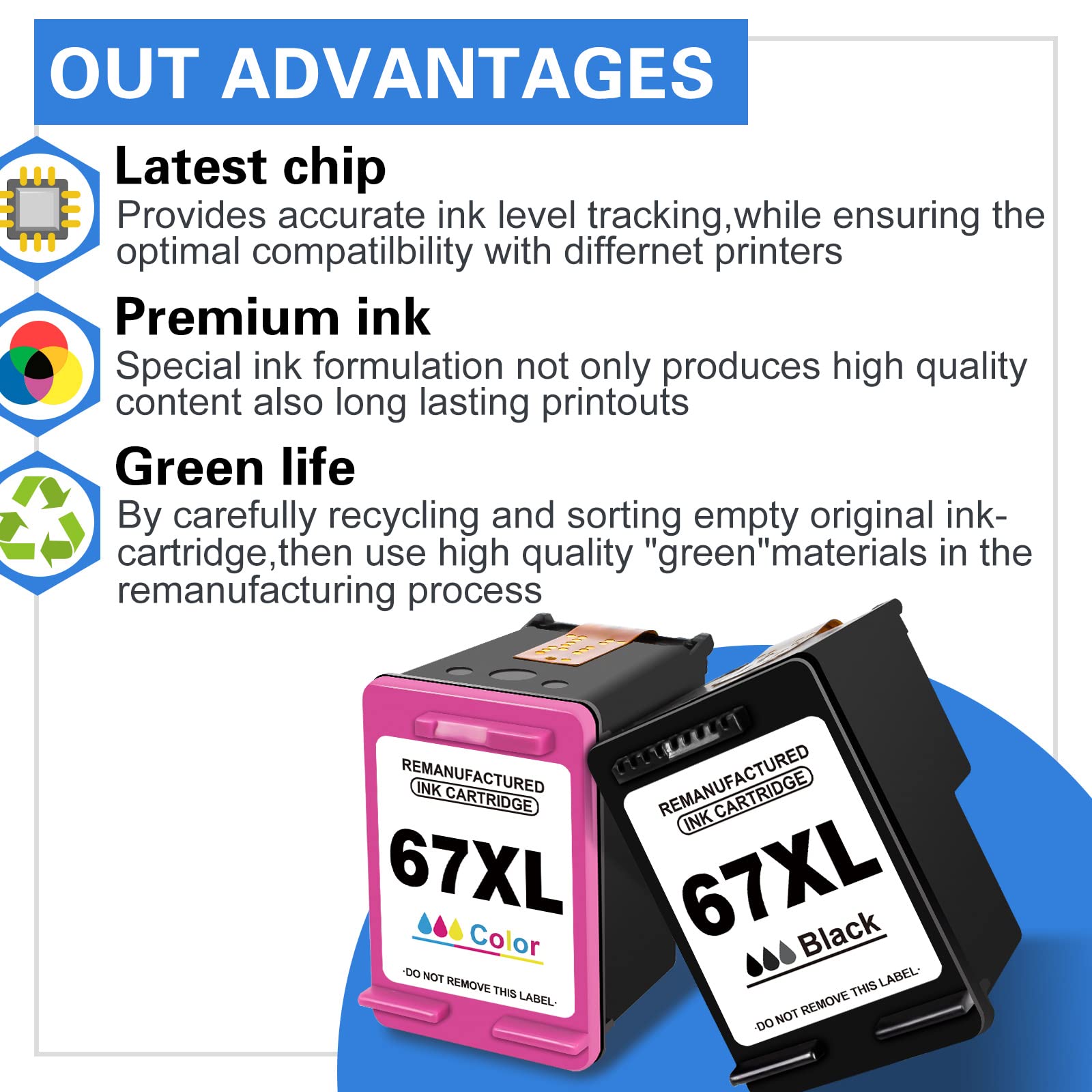 Jonity Remanufactured Ink Cartridge Replacement for HP 67XL 67 XL for Envy 6052 6058 6075 Deskjet 2732 2755 DeskJet Plus 4152 4155 4158 Printer(2 Pack Black & Color) hp67xl