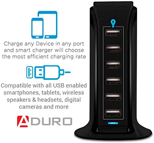 Aduro 40W 6-Port USB Desktop Charging Station Hub Wall Charger for iPhone iPad Tablets Smartphones with Smart Flow (Black)