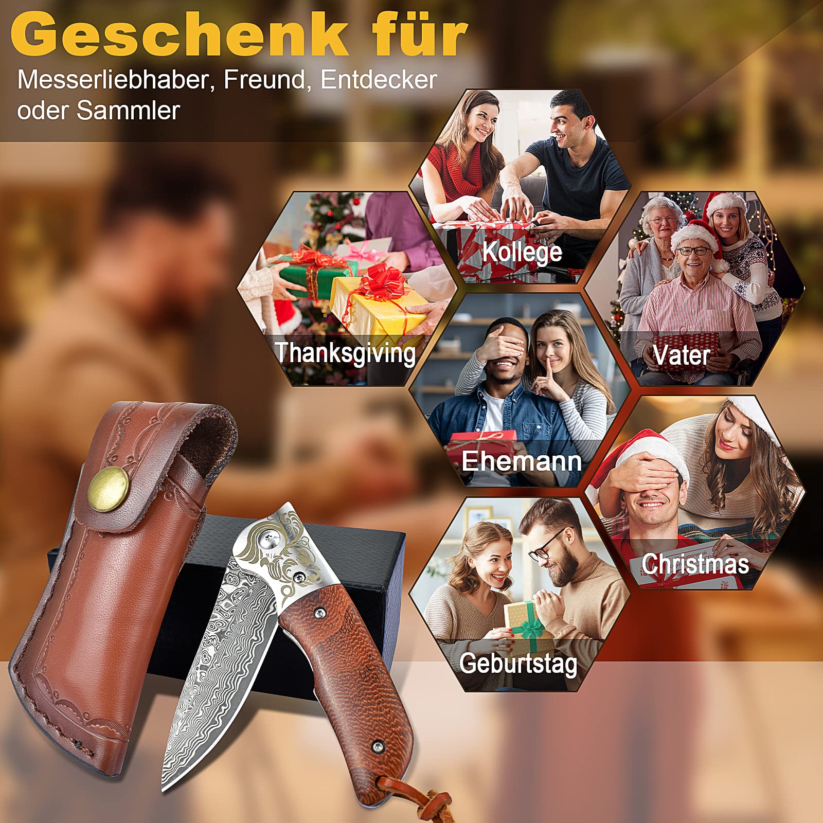 AUBEY Damascus Pocket Knife with Clip, Damascus Knife Folding Knife with VG10 Damascus Steel Blade, Wooden Handle, Foldable EDC Knife for Outdoor Survival Collection Gift