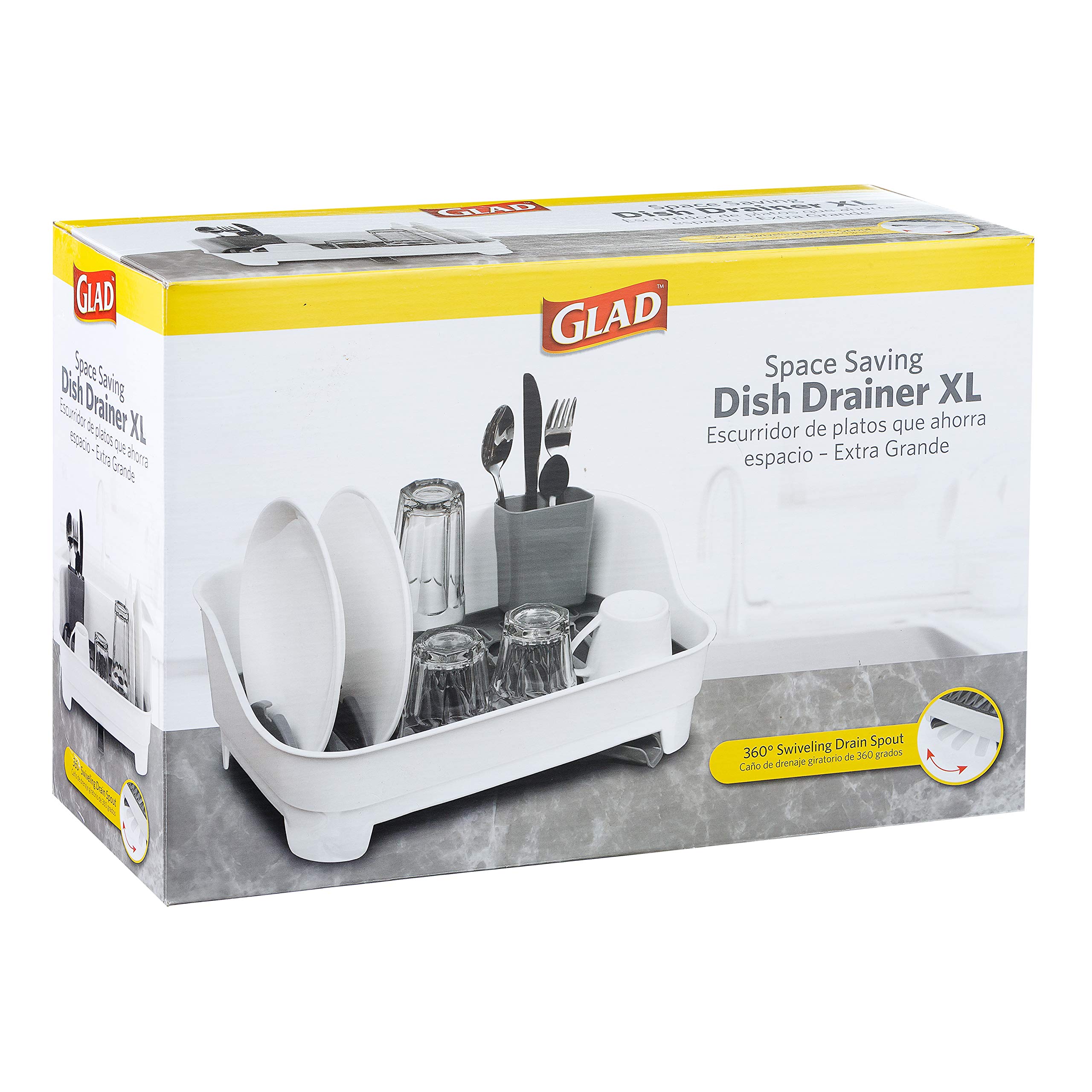 Glad Dish Rack with Drainer | Kitchen Sink Organizer with Cutlery Tray | 360 Degree Drain Spout Keeps Countertop Dry | Holds Up to 12 Plates, Extra Large