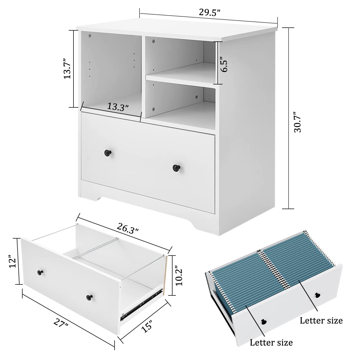 Wood File Cabinet with a Big Drawer, Mobile Lateral Filing Cabinet for Home Office Storage Cabinet Organizer (White)