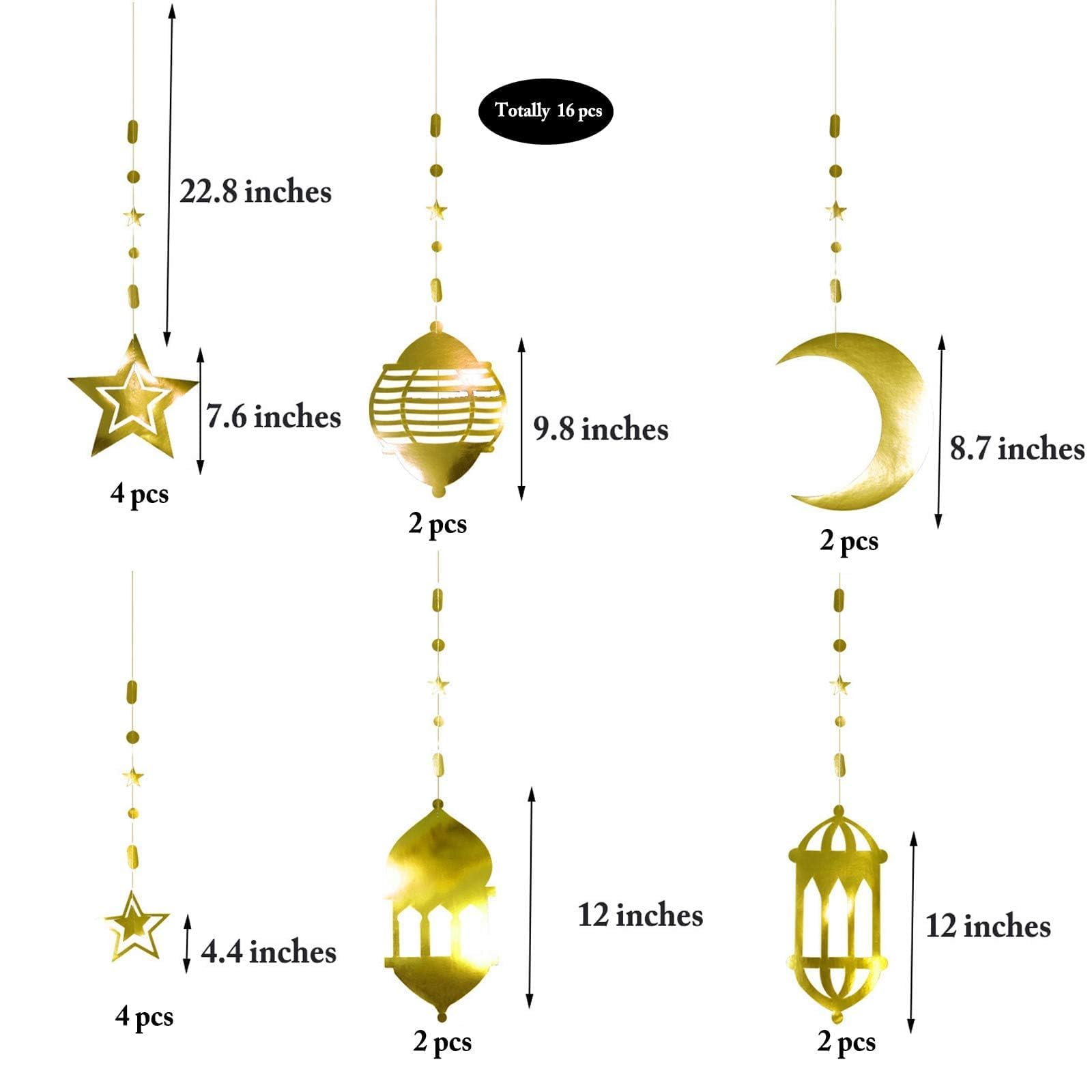 16pcs Islamic Gold Star Crescent Moon Lantern Ramadan Garland EID Decoration Home Happy Ramadan Mubarak Party Decor Hanging Streamer Wedding Backdrop Banner Aladdin Birthday Party Supplies