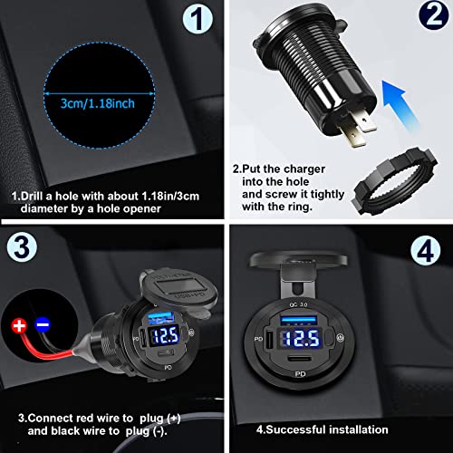 USB C Car Charger Socket 12V USB Outlet 2 Pack: Newest Aluminum Metal 58W Dual PD3.0 20W USB C and 18W QC3.0 Port Multi USB Charger Outlet with LED Voltmeter Power Switch for RV Motorcycle Boat Marine