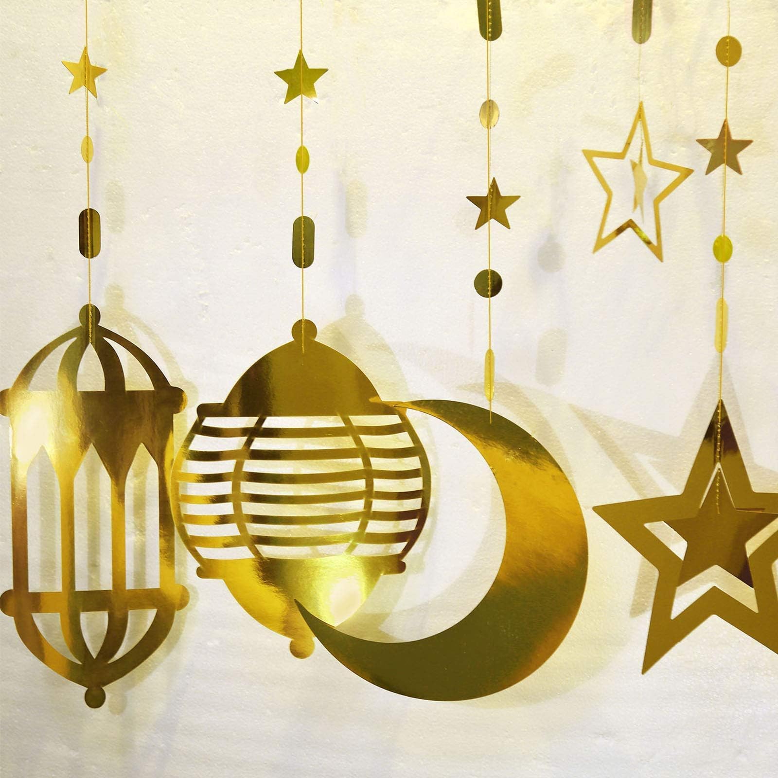 16pcs Islamic Gold Star Crescent Moon Lantern Ramadan Garland EID Decoration Home Happy Ramadan Mubarak Party Decor Hanging Streamer Wedding Backdrop Banner Aladdin Birthday Party Supplies