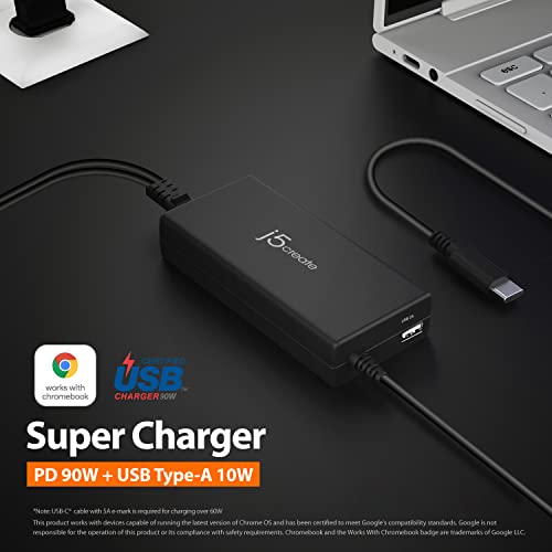 j5create USB Type C Super Charger PD 90W + USB Type A 10W Fast Charging for Chromebook, Laptop, MacBook Pro 13β (JUP2290C)