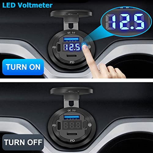 USB C Car Charger Socket 12V USB Outlet 2 Pack: Newest Aluminum Metal 58W Dual PD3.0 20W USB C and 18W QC3.0 Port Multi USB Charger Outlet with LED Voltmeter Power Switch for RV Motorcycle Boat Marine