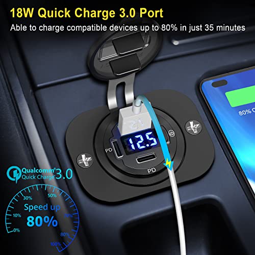 USB C Car Charger Socket 12V USB Outlet 2 Pack: Newest Aluminum Metal 58W Dual PD3.0 20W USB C and 18W QC3.0 Port Multi USB Charger Outlet with LED Voltmeter Power Switch for RV Motorcycle Boat Marine