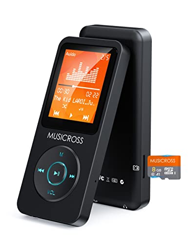 MP3 Player with Bluetooth 5.2,MUSICROSS 8GB Portable Digital Lossless Music MP3 MP4 Player,Build-in HD Speaker/Photo/Video Play/FM Radio/Voice Recorder/E-Book Reader,Supports up to 128GB,Black