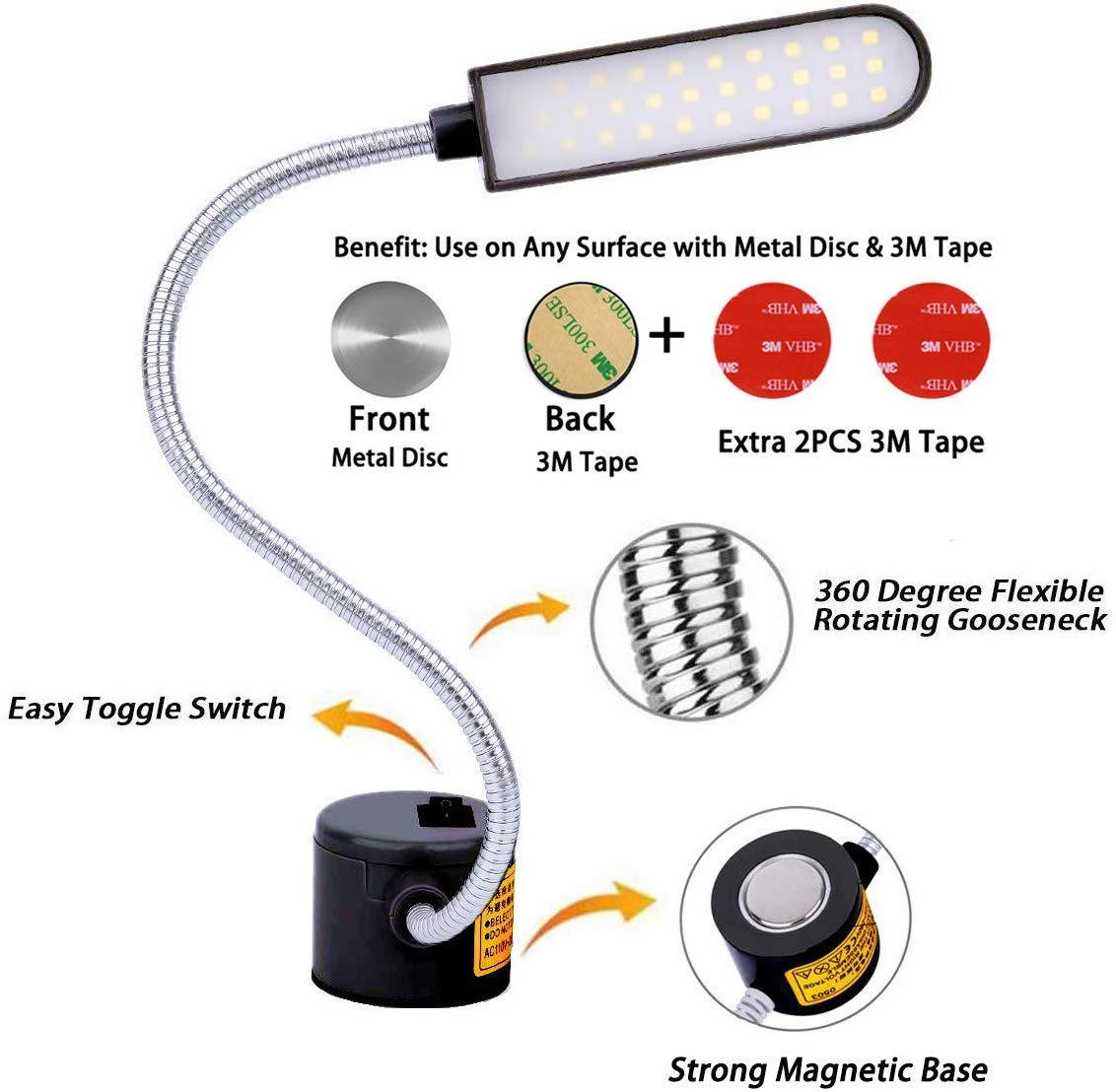 EVISWIY Sewing Machine Light LED Lighting (30LEDs) 6 Watt Multifunctional Flexible Gooseneck Arm Work Lamp with Magnetic Mounting Base for Workbench Lathe Drill Press 2 Pack