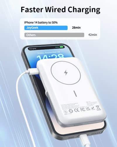 JoyGeek Magnetic Portable Charger, 10,000mAh Wireless Power Bank with FoldableĀ Stand, Mag Safe Battery Pack PD 20W Fast Charging with C-C Cable for iPhone 14/14 Pro/14 Pro Max/14 Plus & 13/12 Series
