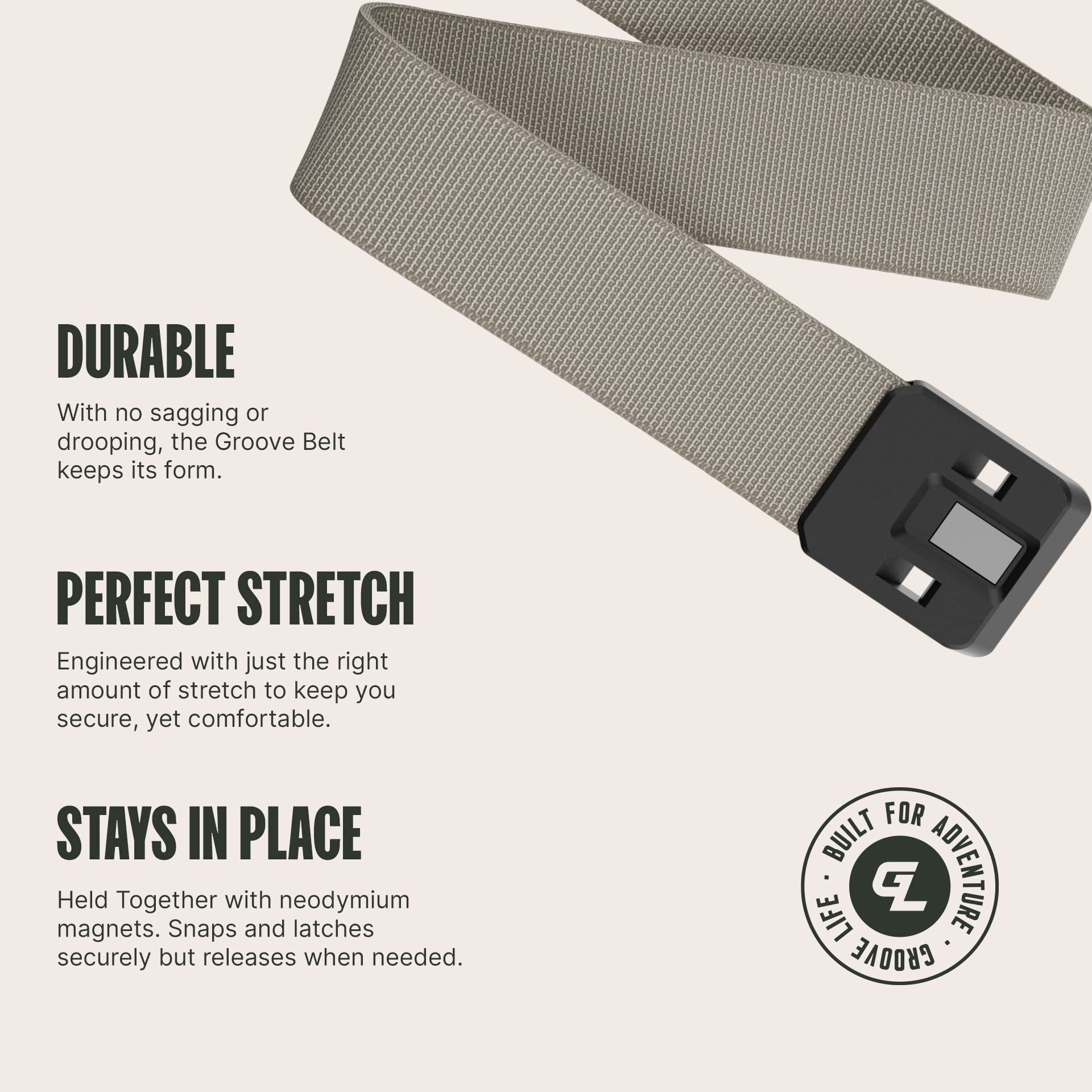 Groove Life Groove Belt Gun Metal/Flat Earth - Men's Stretch Nylon Belt with Magnetic Aluminum Buckle, Lifetime Coverage - X-Large (41-50")