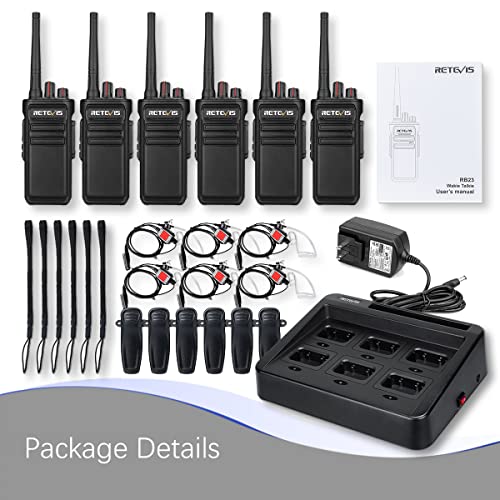 Retevis RB23 Waterproof Walkie Talkies Adults (IP67) with Earpiece and Mic Set(IP66), High Power 2 Way Radios Long Range, Durability, with 6 Way Multi Gang Charger (6 Pack)