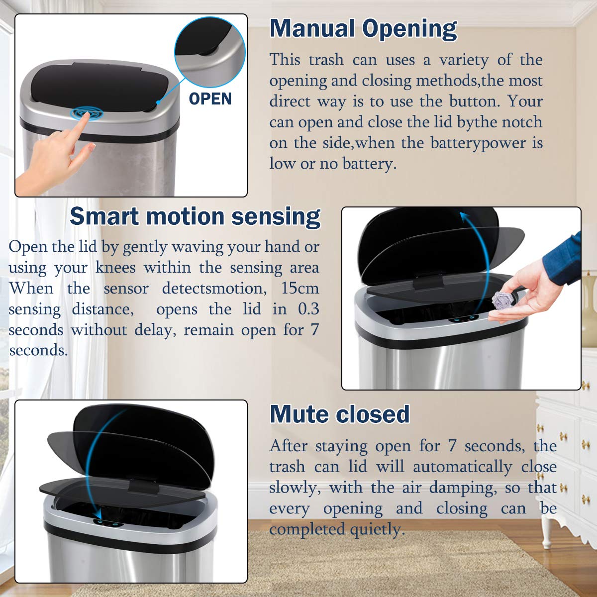 13 Gallon 50 Liter Garbage Can Automatic Kitchen smart motion sensor Trash Motion Sensor Automatic Closure & Opening Touchless Garbage Bin Anti-fingerprint Mute Designed Trash Bin for Office Bedroom Bathroom (Silver2)
