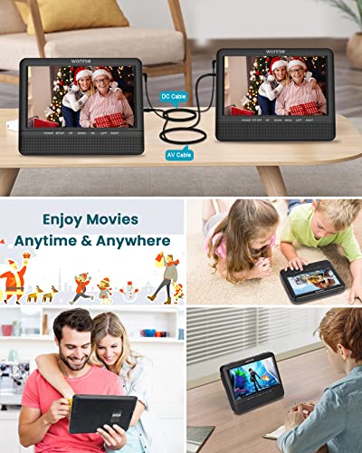 WONNIE 7.5'' Dual Car DVD Player, Portable DVD Player for Car Plays Same Movie, with 5 Hours Rechargeable Battery, Support USB/SD/Sync TV, Regions Free, Last Memory, AV Out & in (1 Player+1 Monitor)