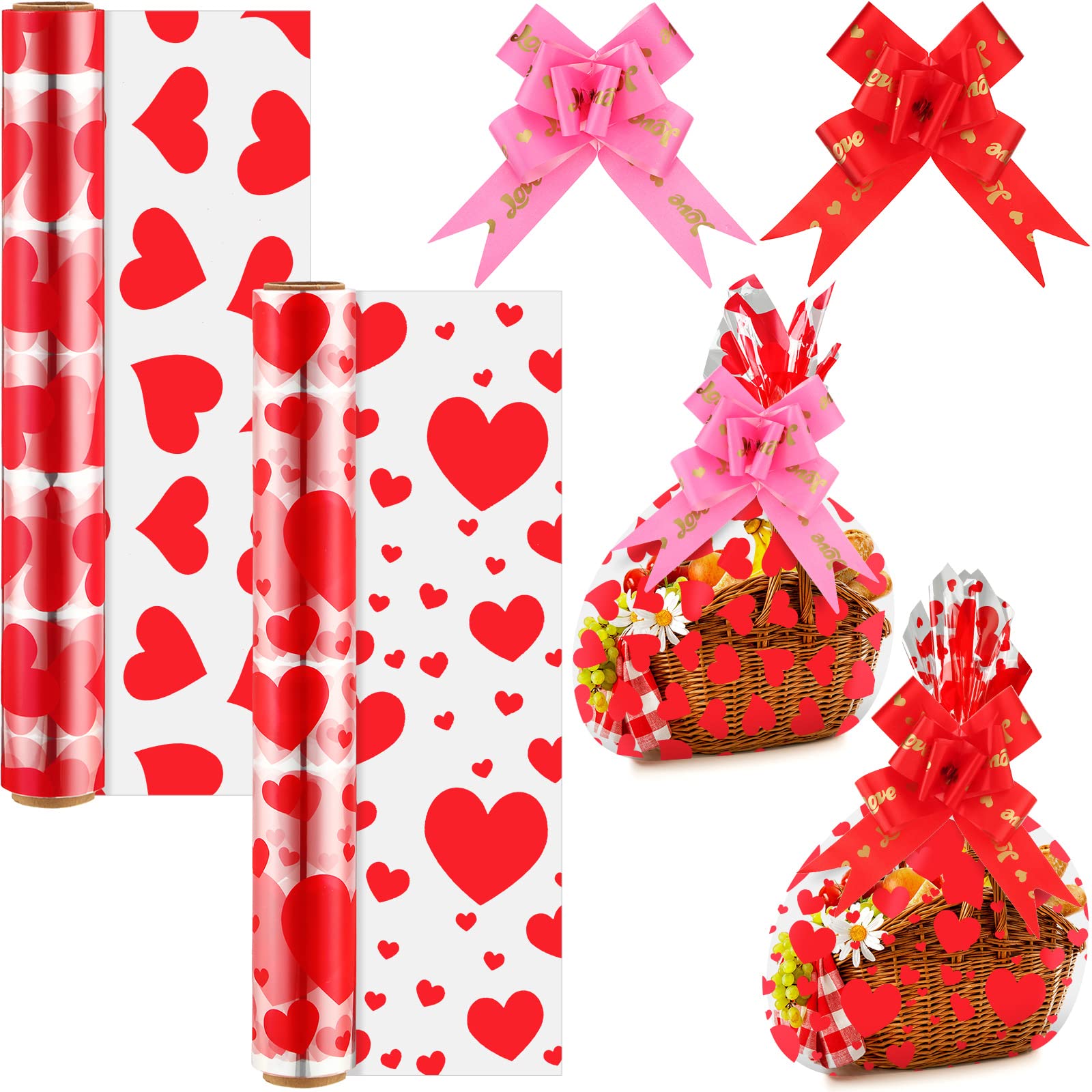 Valentine's Day Cellophane Wrap Set include 2 Pack 100 Ft Long x 16 In Wide Cellophane Wrap Roll with 40 Pull Bows, Heart Pattern Gift Baskets Arts Crafts Valentine's Day Party Supplies