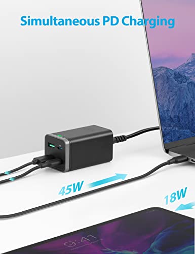 USB C Charger, GaN 65W 4-Port Desktop USB Charging Station with 2 USB-C Ports +2 USB-A Ports PD Fast Charger for MacBook Pro Air, Dell XPS 13, iPad Pro, iPhone 14 13 12 Pro Max, Galaxy and More(Black)