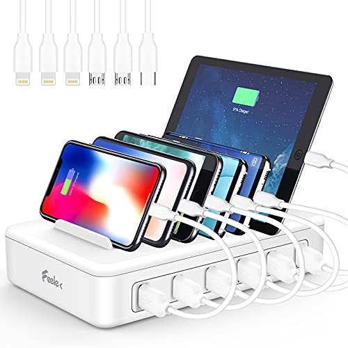 Charging Station for Multiple Devices, 6 Ports Compatible Cables W/3 iPhone, Micro USB,Type C,Compatible with Apple Charging Station,Phone,iPad,Cell Phone,Tablets,iPad,Kindle,White