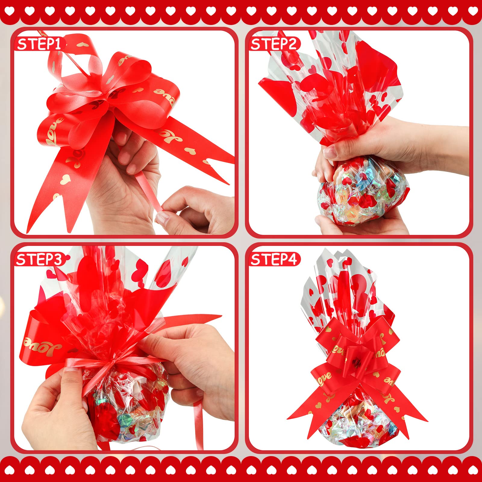 Valentine's Day Cellophane Wrap Set include 2 Pack 100 Ft Long x 16 In Wide Cellophane Wrap Roll with 40 Pull Bows, Heart Pattern Gift Baskets Arts Crafts Valentine's Day Party Supplies
