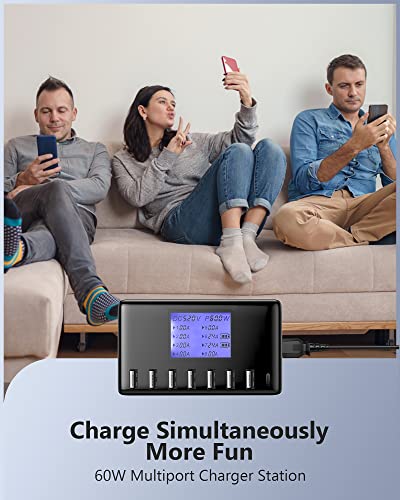 USB Charging Station, Ziwodiv 8-Ports USB Charger Station, 60W/12A Multi Port USB C Hub Charger with LCD Display for Multiple Devices, Compact Desktop Charging for iPhone iPad Samsung Android Tablet