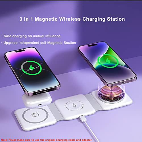3 in 1 Magnetic Foldable Wireless Charger,3 in 1 Charging Station for Multiple Apple Devices-Travel Charging Pad Dock,for iPhone14/Pro/Max/Plus/13/12 AirPods 3/2/Pro,iWatch(Adapter not Included)