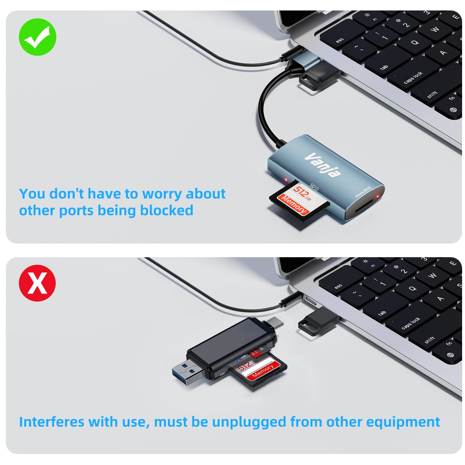 Vanja USB SD Card Reader, 2 in 1 Memory Card Reader SD Card to USB Adapter, for Camera SD, SDXC, SDHC, MMC, RS-MMC, Micro SD, Micro SDXC, Micro SDHC, UHS-II and UHS-I Cards