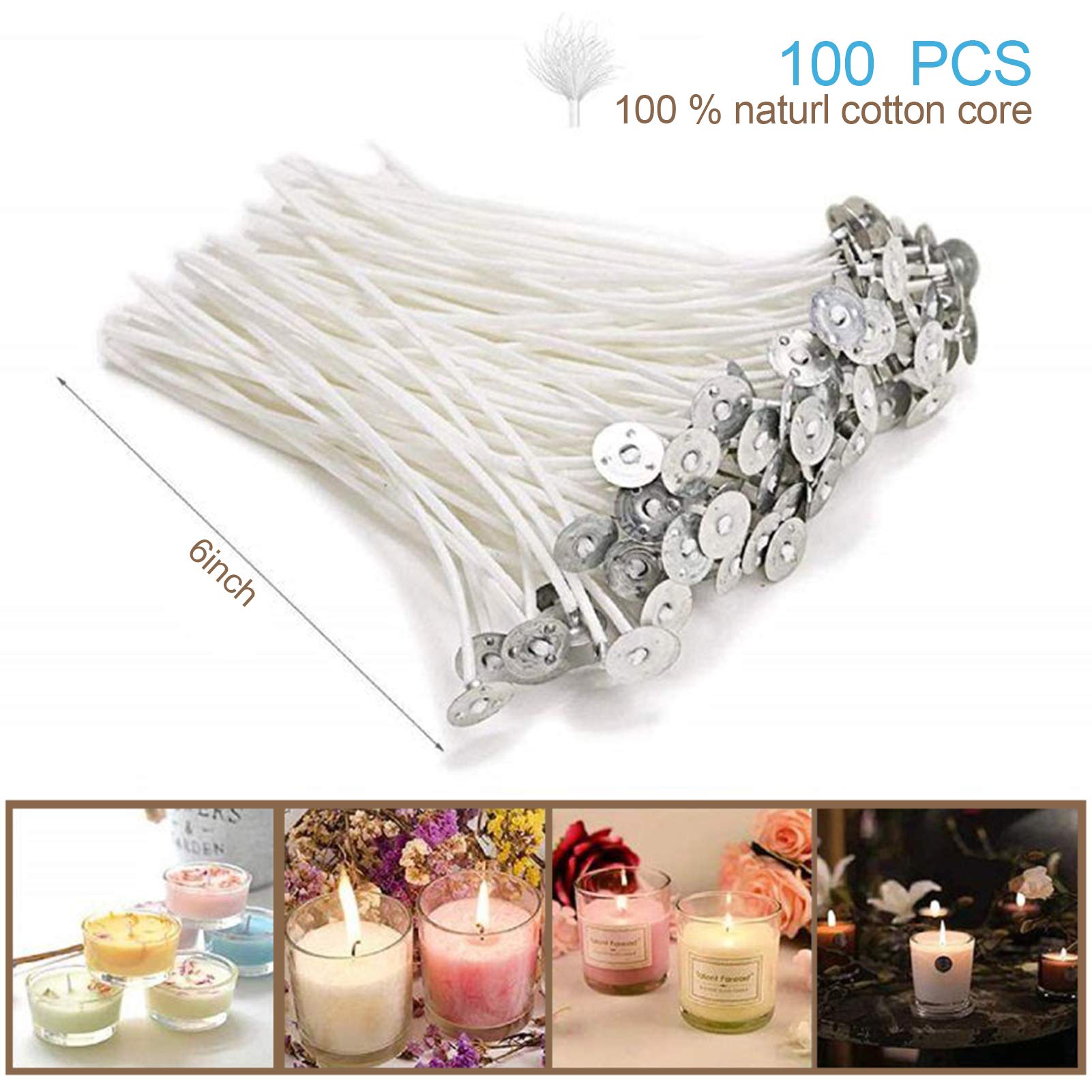 DINGPAI 100pcs Cotton Candle Wicks, 6 inches Low Smoke Pre-Waxed Candle Wicks for Candle Making, Candle DIY