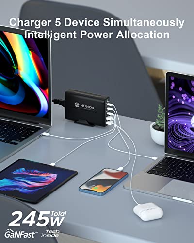 245W USB C Charger,HUNDA GaN PD Fast Charger 5 Ports USB Charger Portable Charging Station Support PD3.1/PPS/QC4+/QC3.0 Compatible with MacBook Pro,Dell XPS,HP,Surface Series,iPhone,ipad,Galaxy etc