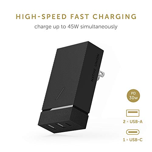 Native Union Smart Hub PD 45W – Power Delivery Enabled Fast-Charging 3-Port USB-A & USB-C Wall Charger – Compact Design with Dust-Repellent Silicone, Foldable Pins & Includes Travel Adapters (Slate)