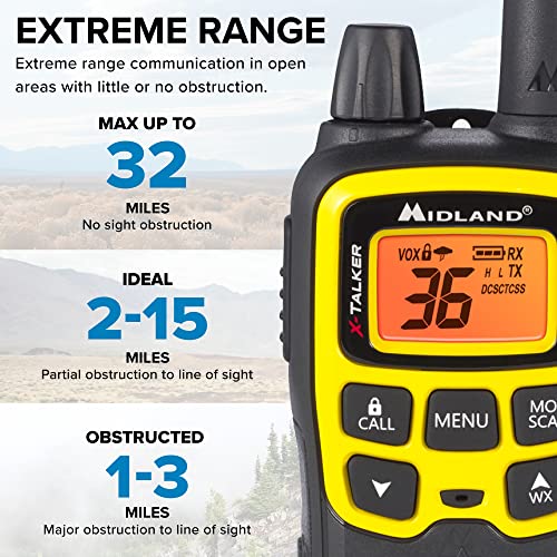 Midland X-TALKER 36 Channel FRS Two-Way Radio - Long Range Walkie Talkie, 121 Privacy Codes, & NOAA Weather Scan + Alert (Black/Yellow, 2-Pack)