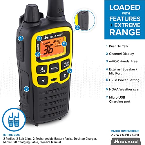 Midland X-TALKER 36 Channel FRS Two-Way Radio - Long Range Walkie Talkie, 121 Privacy Codes, & NOAA Weather Scan + Alert (Black/Yellow, 2-Pack)