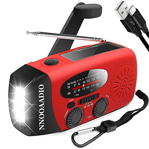 2000mAh SOS Alarm Emergency Weather Radio, 3LED Type-C Hand Crank Solar Battery Operated Wind Up Radio Flashlight, NOAA AM FM Portable Radio Cell Phone Charger Survival Kit (Red)