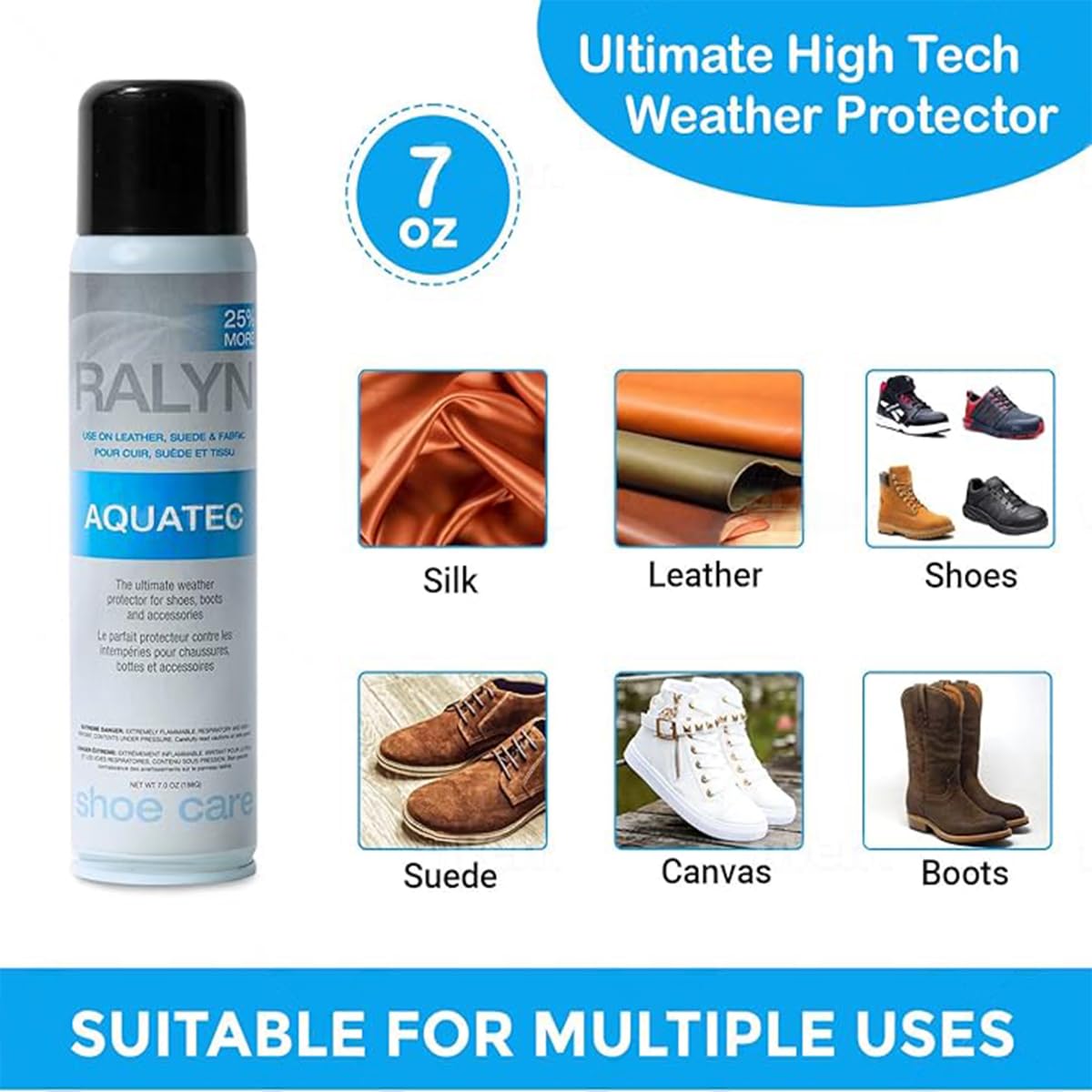 Ralyn Aquatec Shoe Protector Spray | Sneaker Protector Spray Waterproof & Stain Protector for Shoes, Leather, Oiled Leather, Suede, Nubuck, Fabric & Microfibers Shoes - 7oz