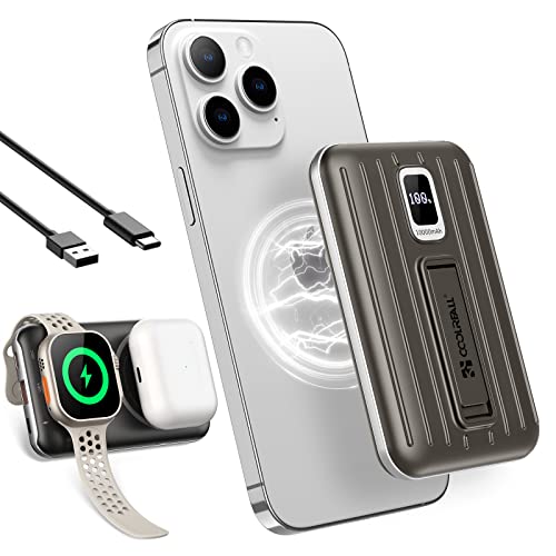Coolreall 【4 in 1】 Magnetic Wireless Power Bank, Slim 10000mAh Portable Charger with Phone Holder, 15W Type-C Fast Charger Mag-Safe Battery Pack Compatible with iPhone 14 13 12 iWatch Series