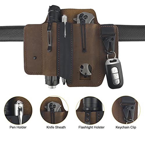 Leather Multitool Sheath, EDC Pocket Belt Organizer for Men with Flashlight Holster, Knife Sheath, Pen Holder and Keychain Clip (Brown)