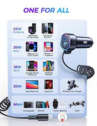 USB C Car Charger, 60W Super Fast Car Charger Dual PD 30W& QC3.0 Car Charger Adapter with 5ft Super Fast Type C Cable for Samsung Galaxy S22/21/Google Pixel/Moto/LG/Android, iPad Pro