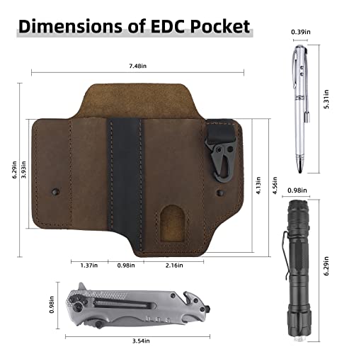 Leather Multitool Sheath, EDC Pocket Belt Organizer for Men with Flashlight Holster, Knife Sheath, Pen Holder and Keychain Clip (Brown)