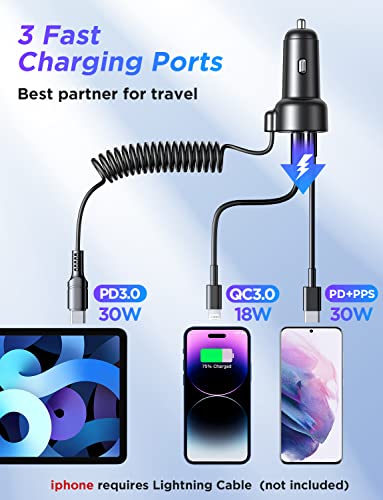 USB C Car Charger, 60W Super Fast Car Charger Dual PD 30W& QC3.0 Car Charger Adapter with 5ft Super Fast Type C Cable for Samsung Galaxy S22/21/Google Pixel/Moto/LG/Android, iPad Pro
