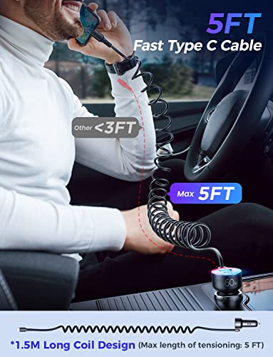 USB C Car Charger, 60W Super Fast Car Charger Dual PD 30W& QC3.0 Car Charger Adapter with 5ft Super Fast Type C Cable for Samsung Galaxy S22/21/Google Pixel/Moto/LG/Android, iPad Pro