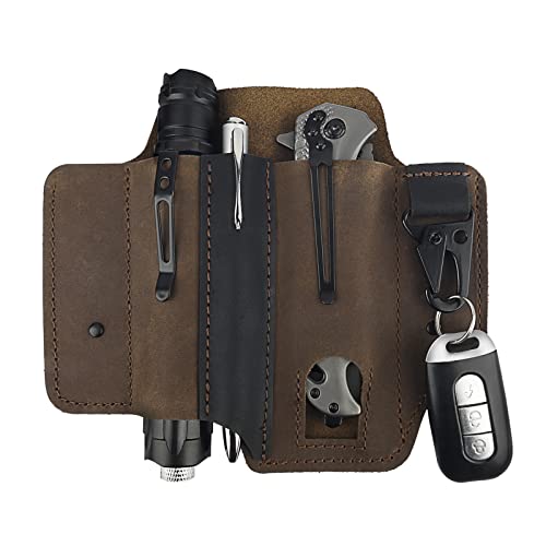 Leather Multitool Sheath, EDC Pocket Belt Organizer for Men with Flashlight Holster, Knife Sheath, Pen Holder and Keychain Clip (Brown)