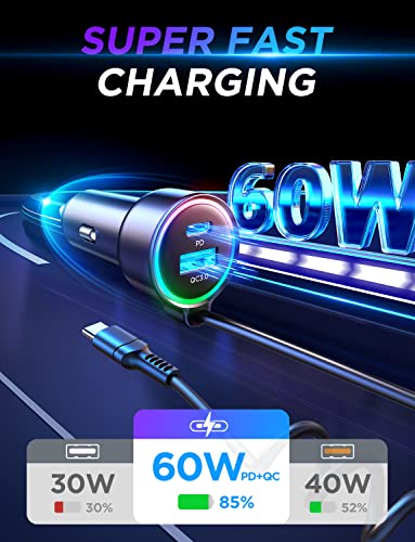 USB C Car Charger, 60W Super Fast Car Charger Dual PD 30W& QC3.0 Car Charger Adapter with 5ft Super Fast Type C Cable for Samsung Galaxy S22/21/Google Pixel/Moto/LG/Android, iPad Pro