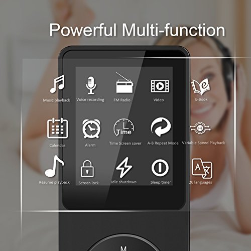 AGPTEK A02S 16GB MP3 Player with FM Radio, Voice Recorder, 70 Hours Playback and Expandable Up to 128GB, Black