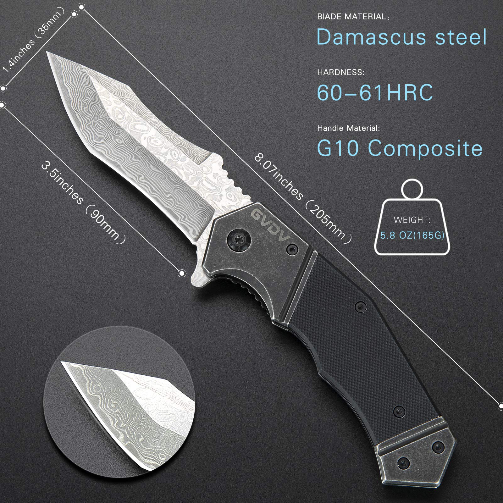 GVDV Damascus Steel Pocket Knife with G10 Handle, Handmade Folding Knife with Leather Sheath for Camping Survival, Knives for Men Dad Husband (Black)