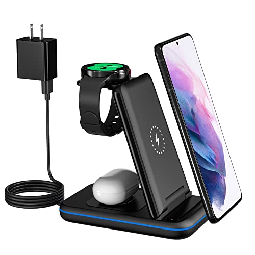Wireless Charging Station for Samsung, Earteana 3 in 1 Qi Certified Charger/Stand for Samsung Galaxy S23/S22/S21/S20/Note20/10, Galaxy Watch4/Classic/3/1/Active 2/1, Buds+/Live with Adapter (Black)